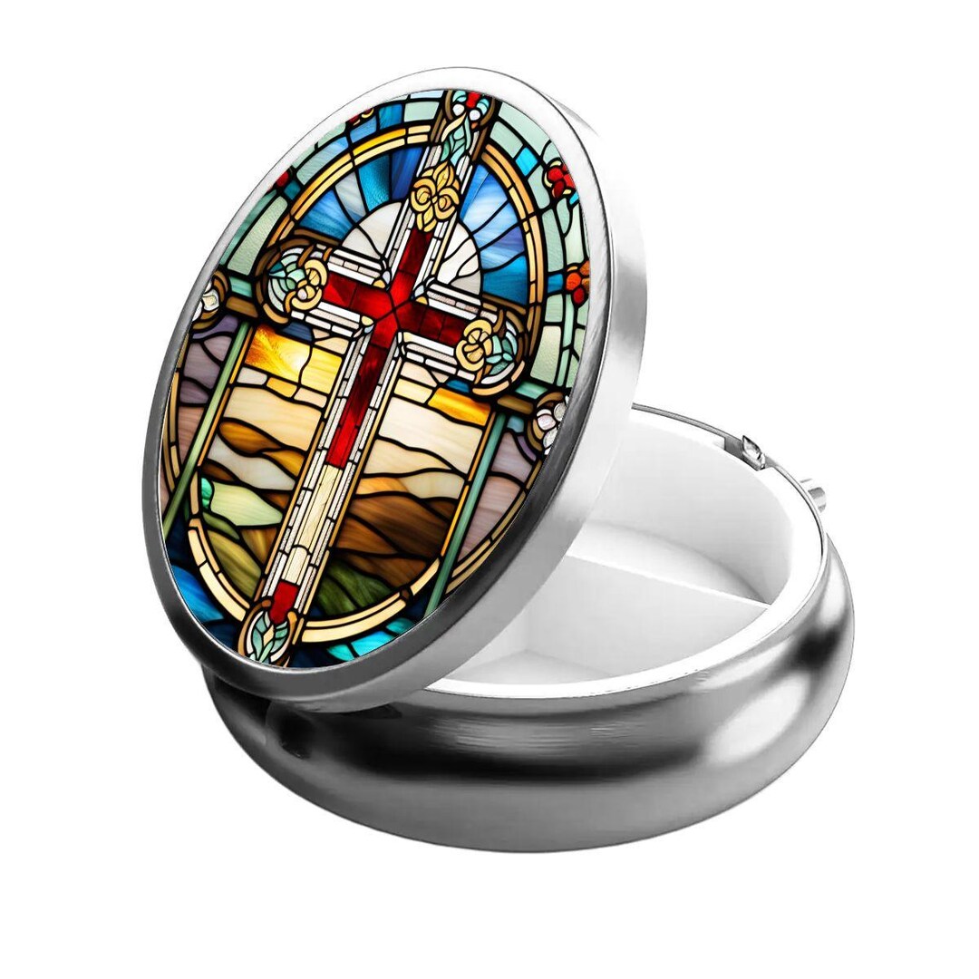 Cross Stained Glass Round Small Pill Box, Gift, Birthday, Summer ...