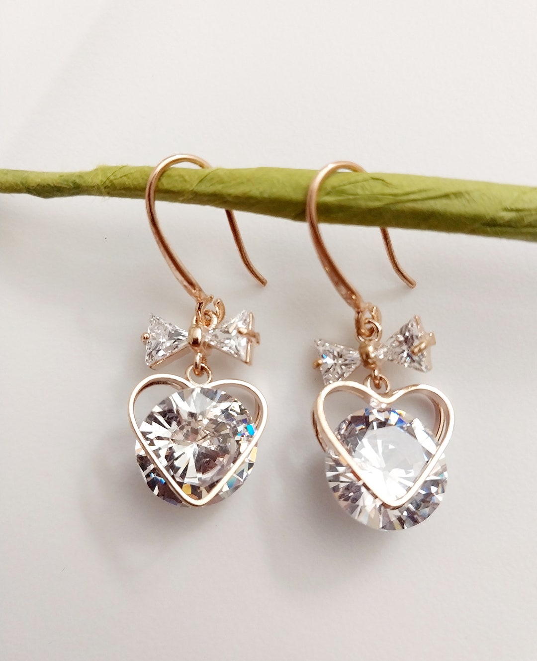 Heart Earring Sterling Silver Crystal Heart Earring Rose Gold CZ Ribbon ...