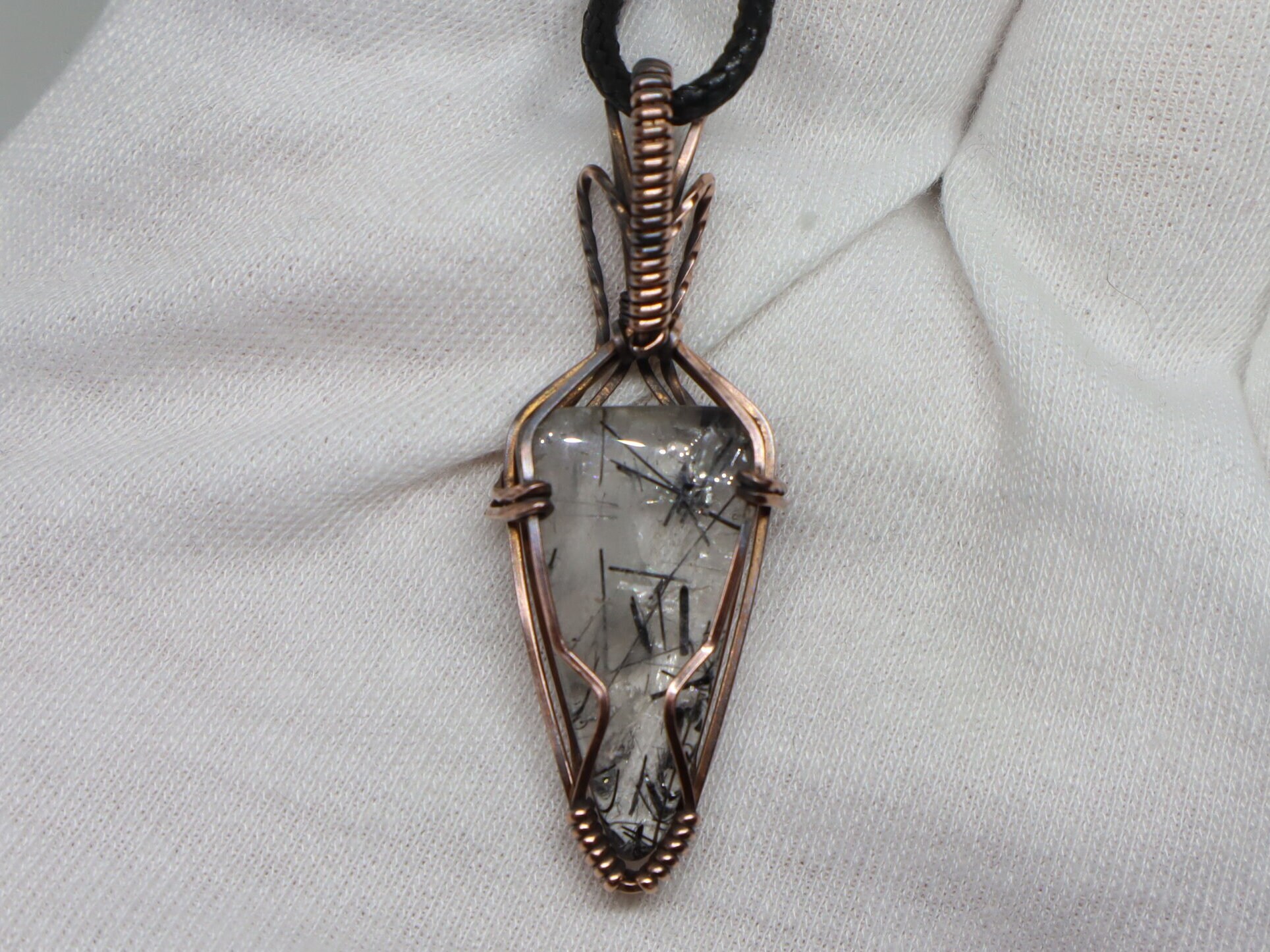 Light Black Rutilated Quartz Triangle Pendant in Oxidized Pure Copper ...