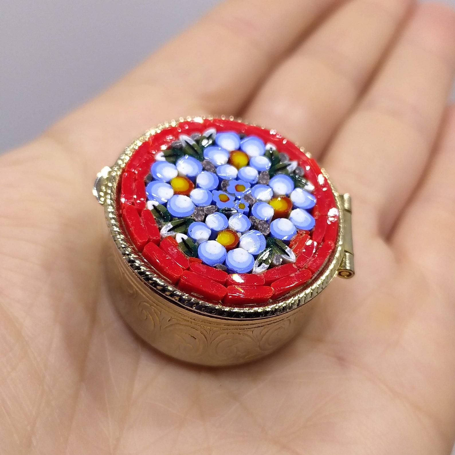 Micro Mosaic Pill Box Vintage Red Flower Trinket Box Italian Gold Tone ...