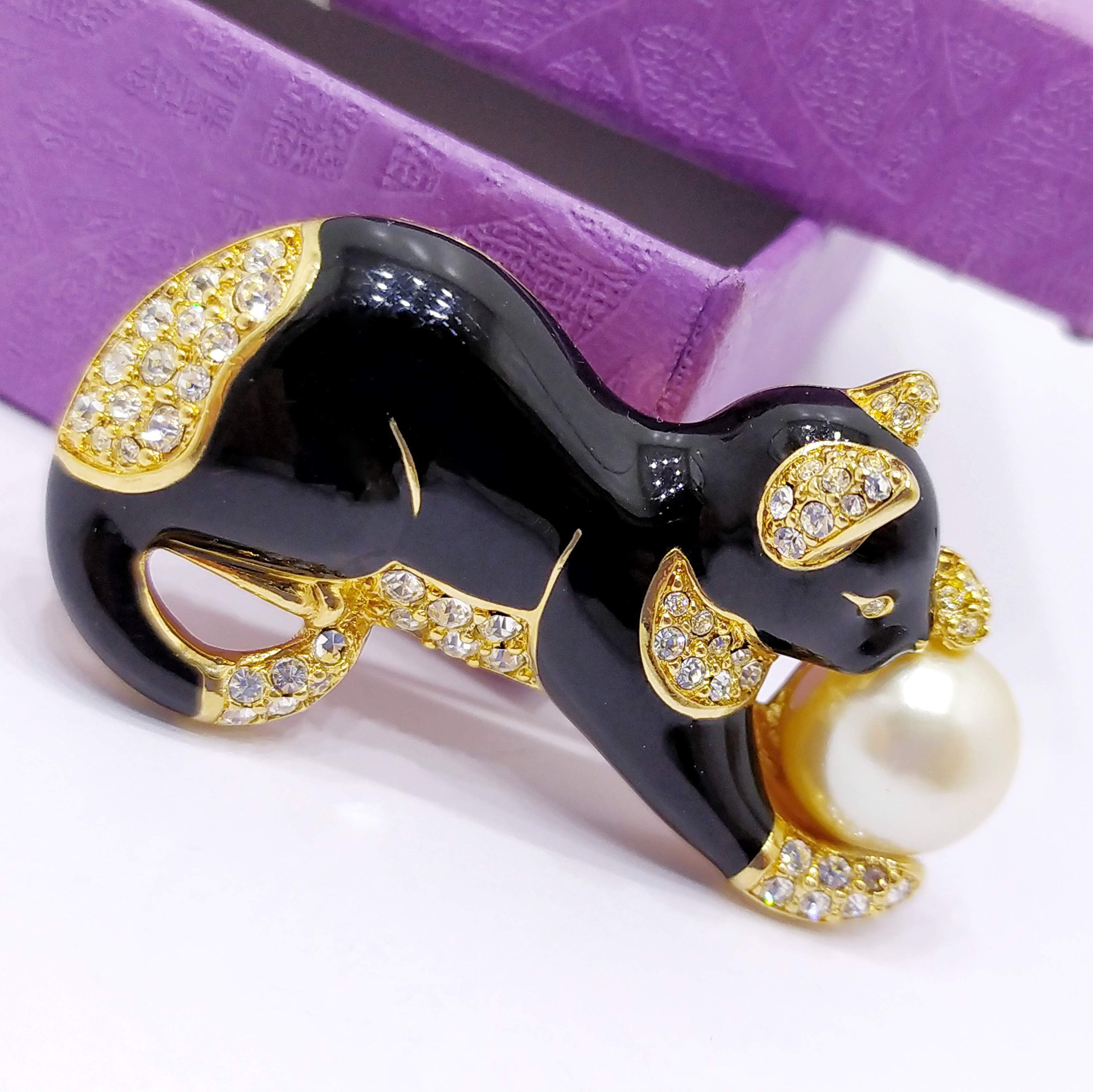Swarovski Black Enamel Kitty Brooch With Pearl Accent Vintage Black Cat