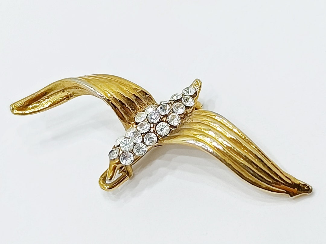 Vintage Crystal Seagull Brooch: Gold Tone Rhinestone Seabird Pin - Etsy