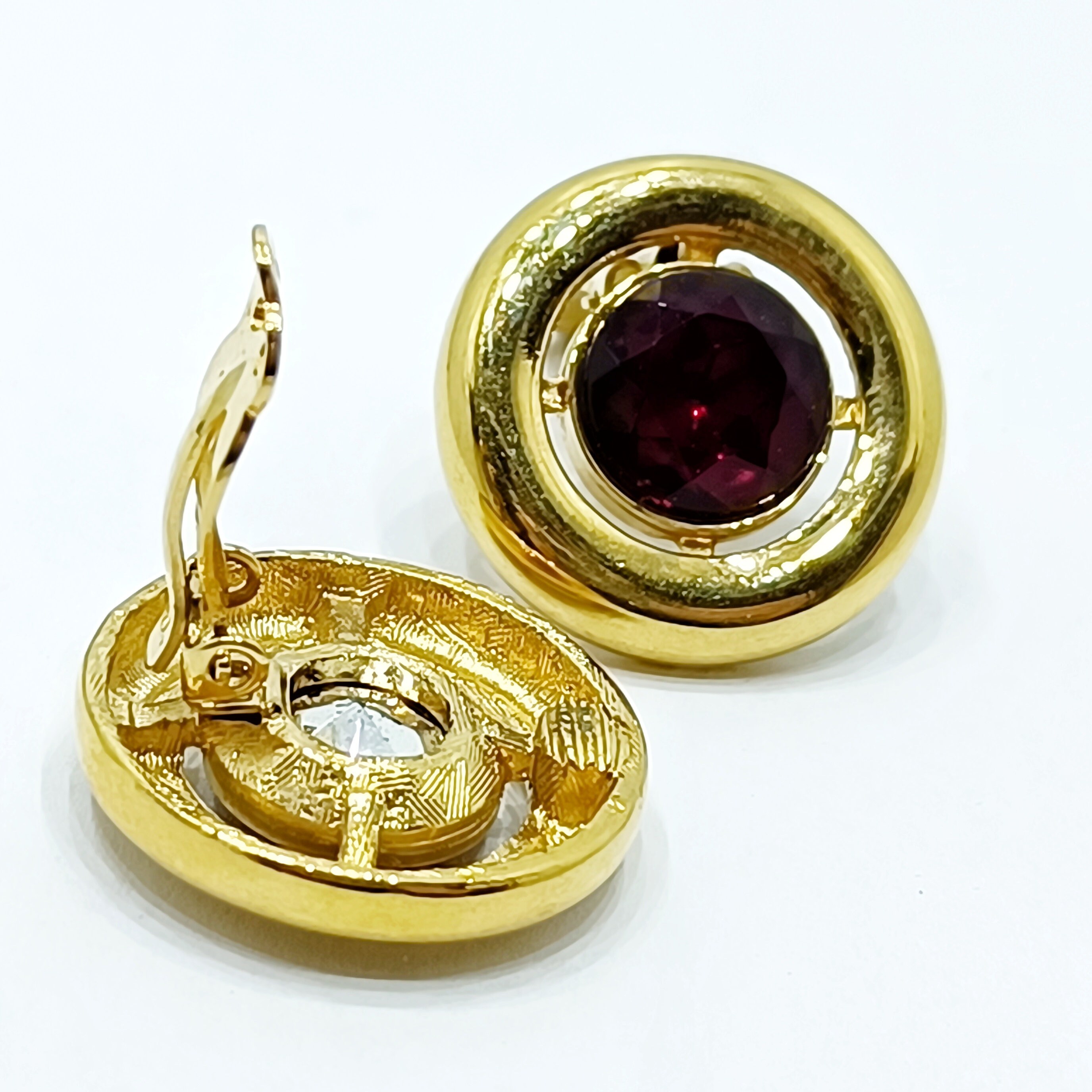 Vintage Gold Circle Ruby Red and Gold Earrings Dome Round Ruby Crystal ...