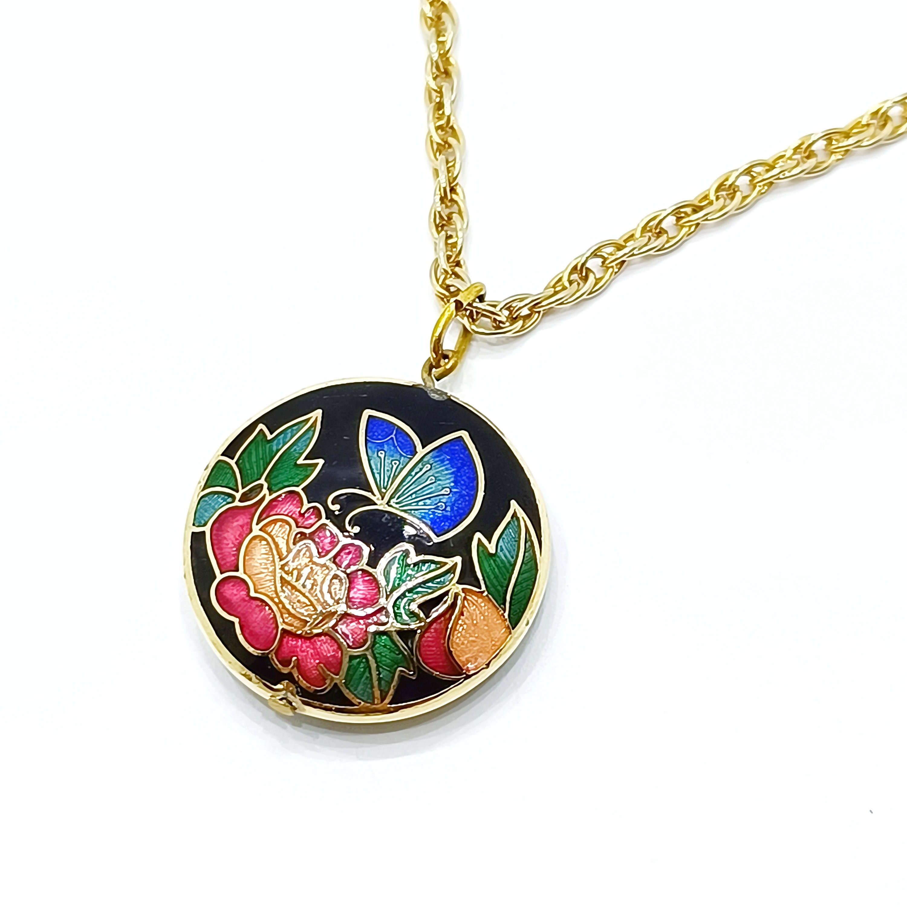 Vintage Cloisonne Butterfly and Flower Pendant Small Round Enamel Black ...