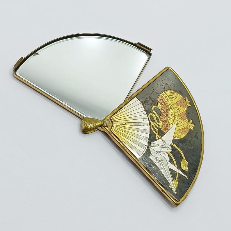 Vintage Elegance Fan Shaped Compact Mirror, Damascene Japanese Crane ...