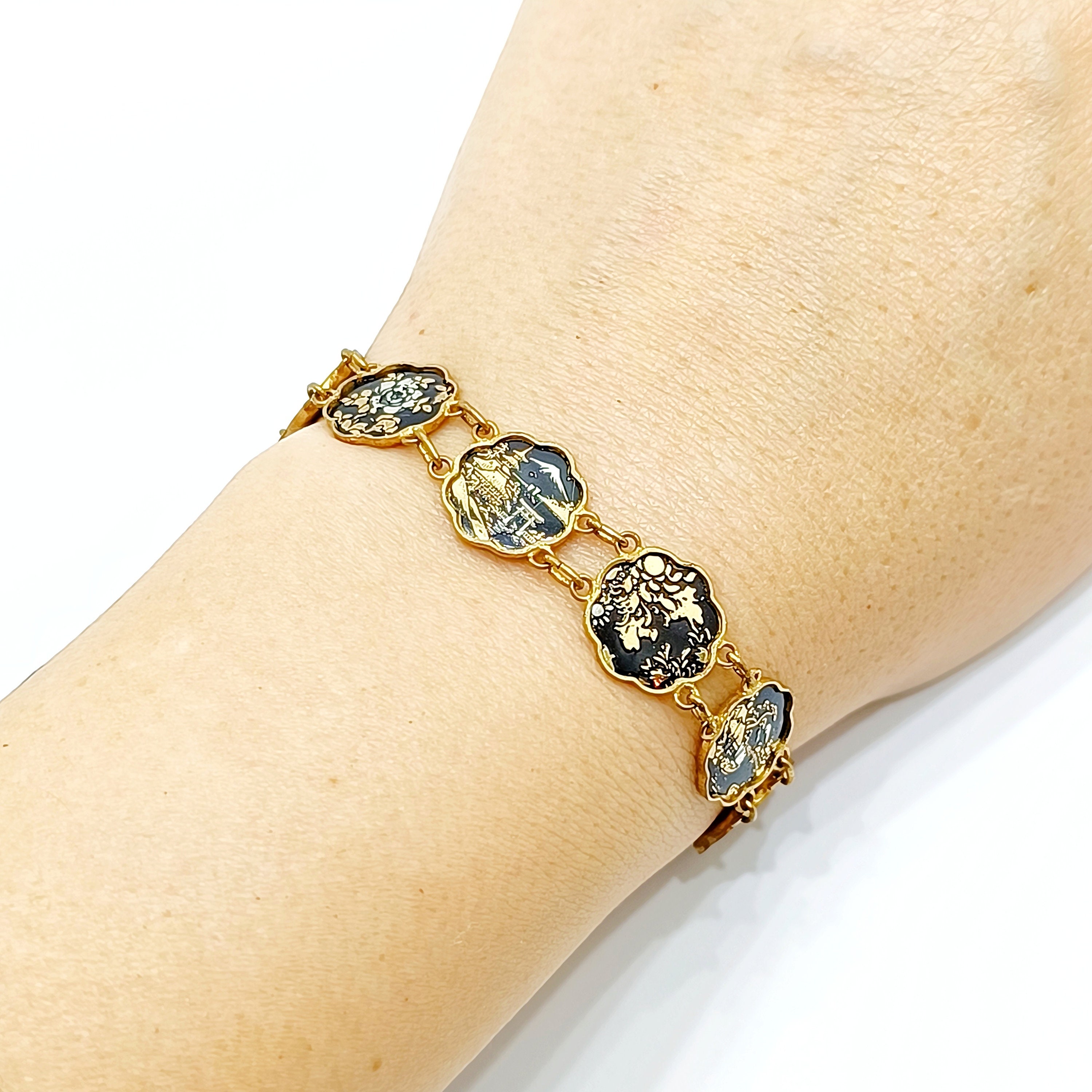 Vintage DAMASCENE Bracelet Asian Panel Link Bracelet Inlay Gold and ...