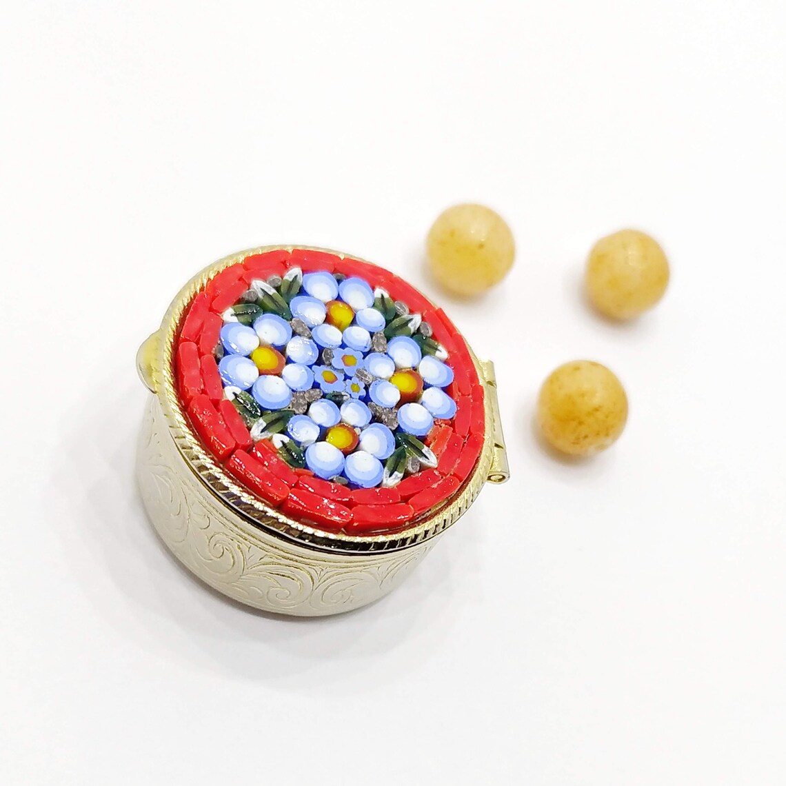 Micro Mosaic Pill Box Vintage Red Flower Trinket Box Italian Gold Tone ...