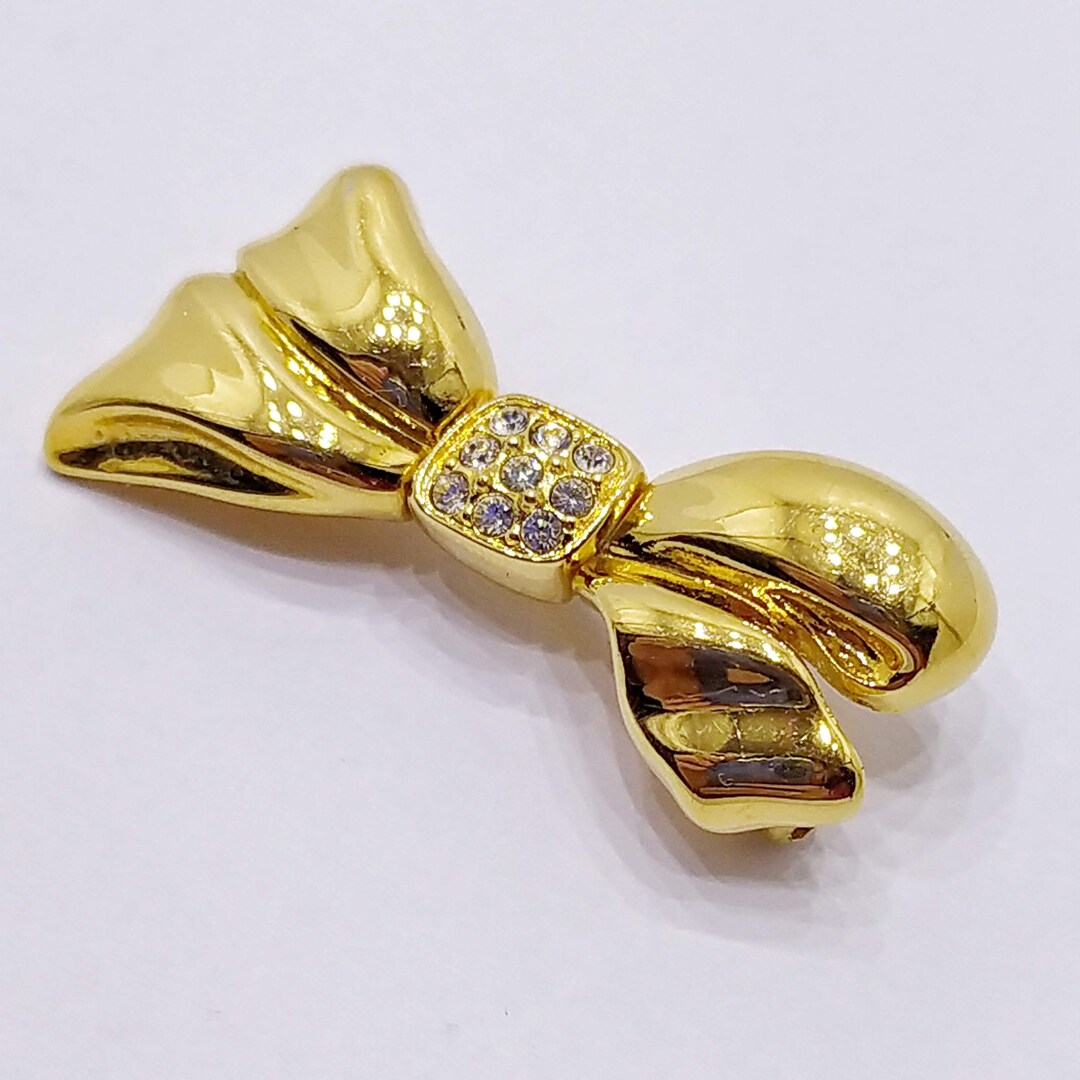 MONET Clear Crystal Ribbon Brooch Pin Gold Tone Bow Pin Grandma Gift ...