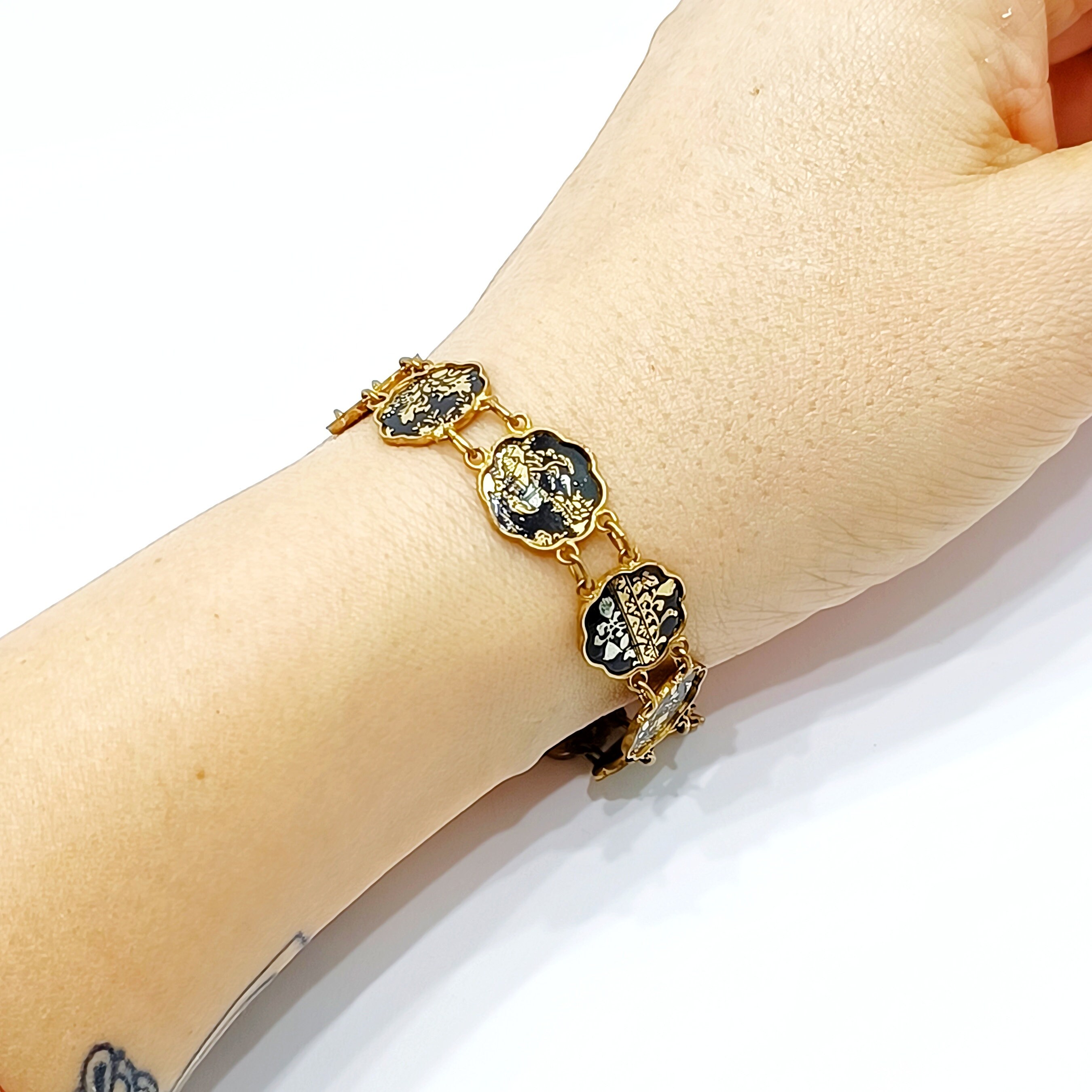 Vintage DAMASCENE Bracelet Asian Panel Link Bracelet Inlay Gold and ...
