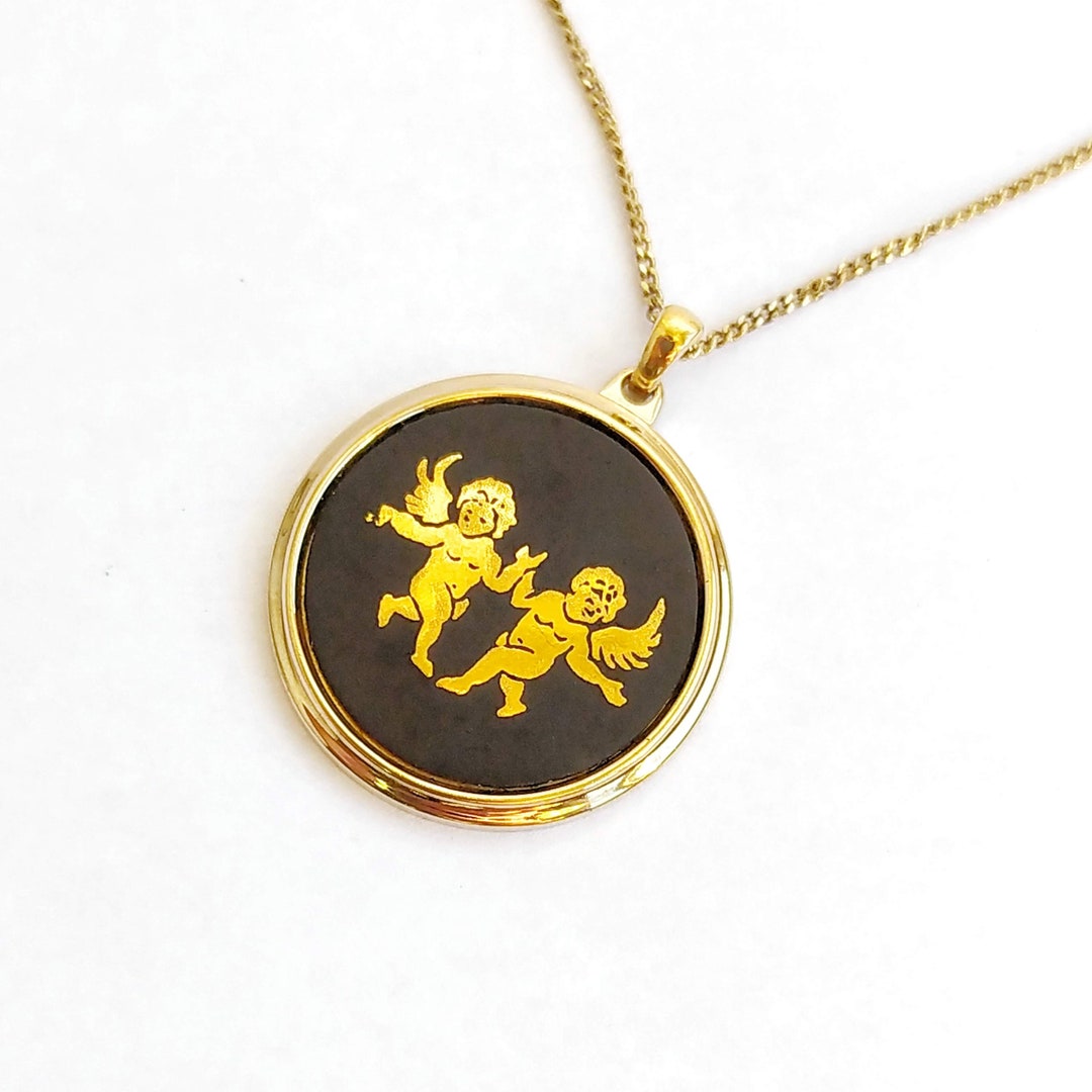 Vintage Japanese DAMASCENE Pendant Necklace Round Gold and Black AMITA ...