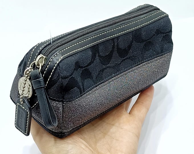 Vintage COACH Black and Silver Signature Stripe Beauty Case Authentic ...
