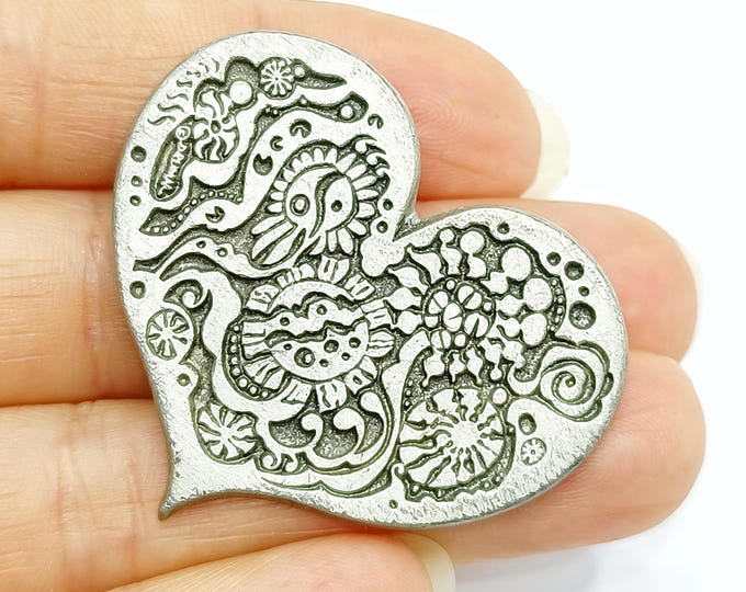 Vintage Don Drumm Pewter Heart Brooch Large Silver Tone Flat Flowers ...