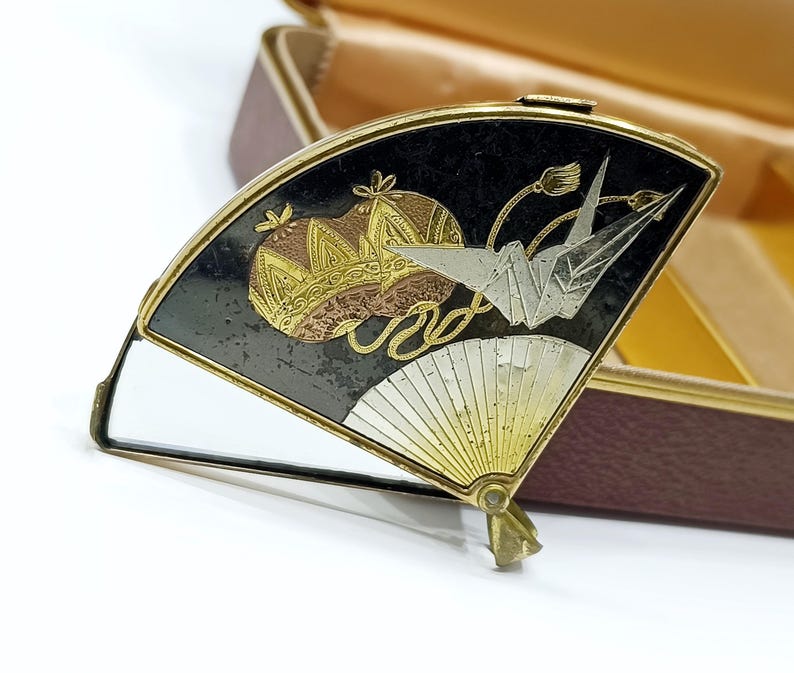 Vintage Elegance Fan Shaped Compact Mirror, Damascene Japanese Crane ...
