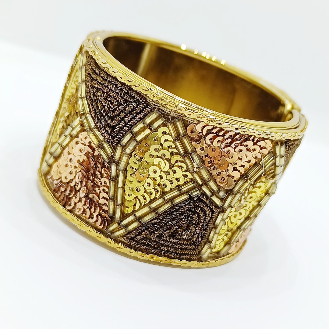 Extra WIDE Cuff Bracelet Vintage Gold Tone Hinged Bangle Bracelet ...