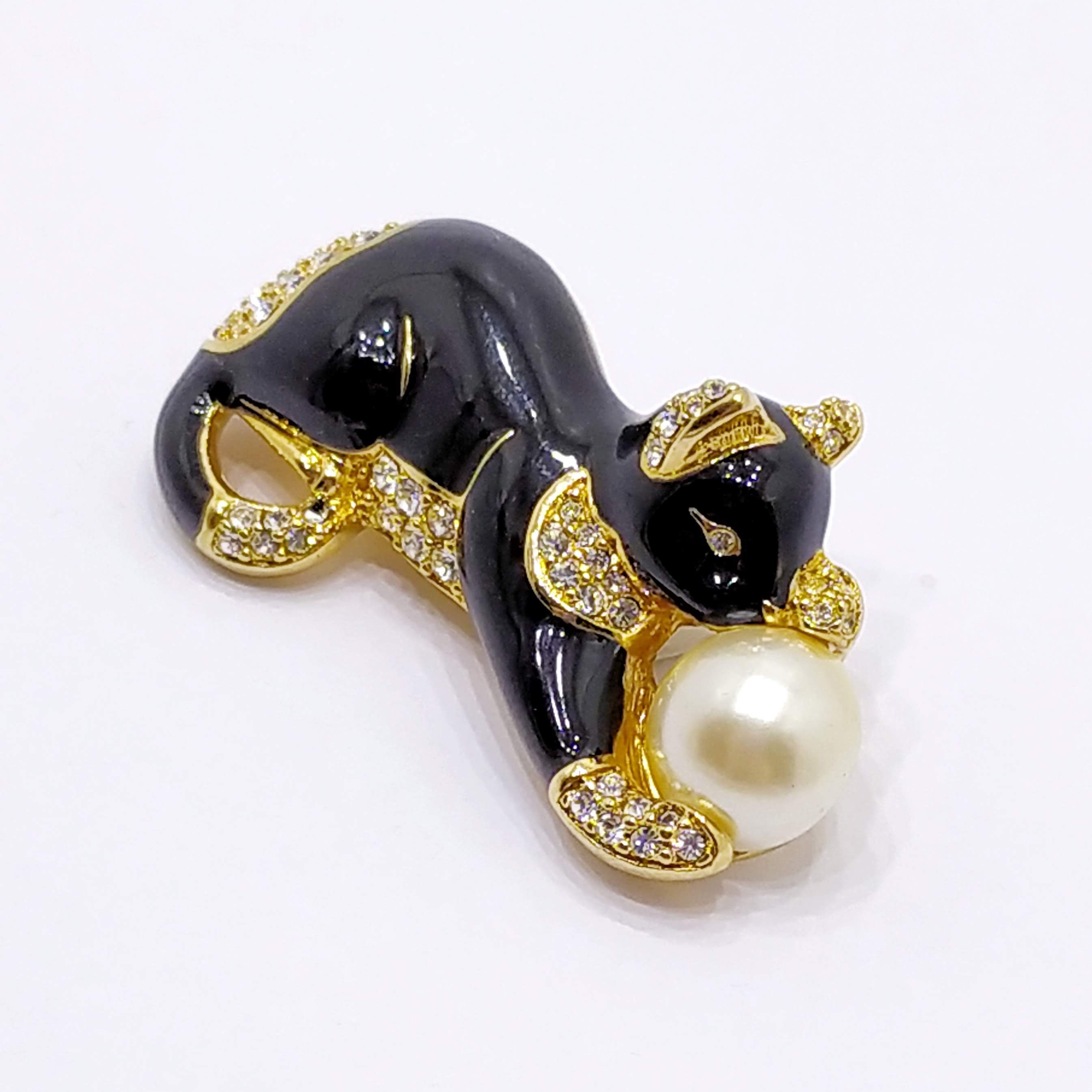 Swarovski Black Enamel Kitty Brooch With Pearl Accent Vintage Black Cat