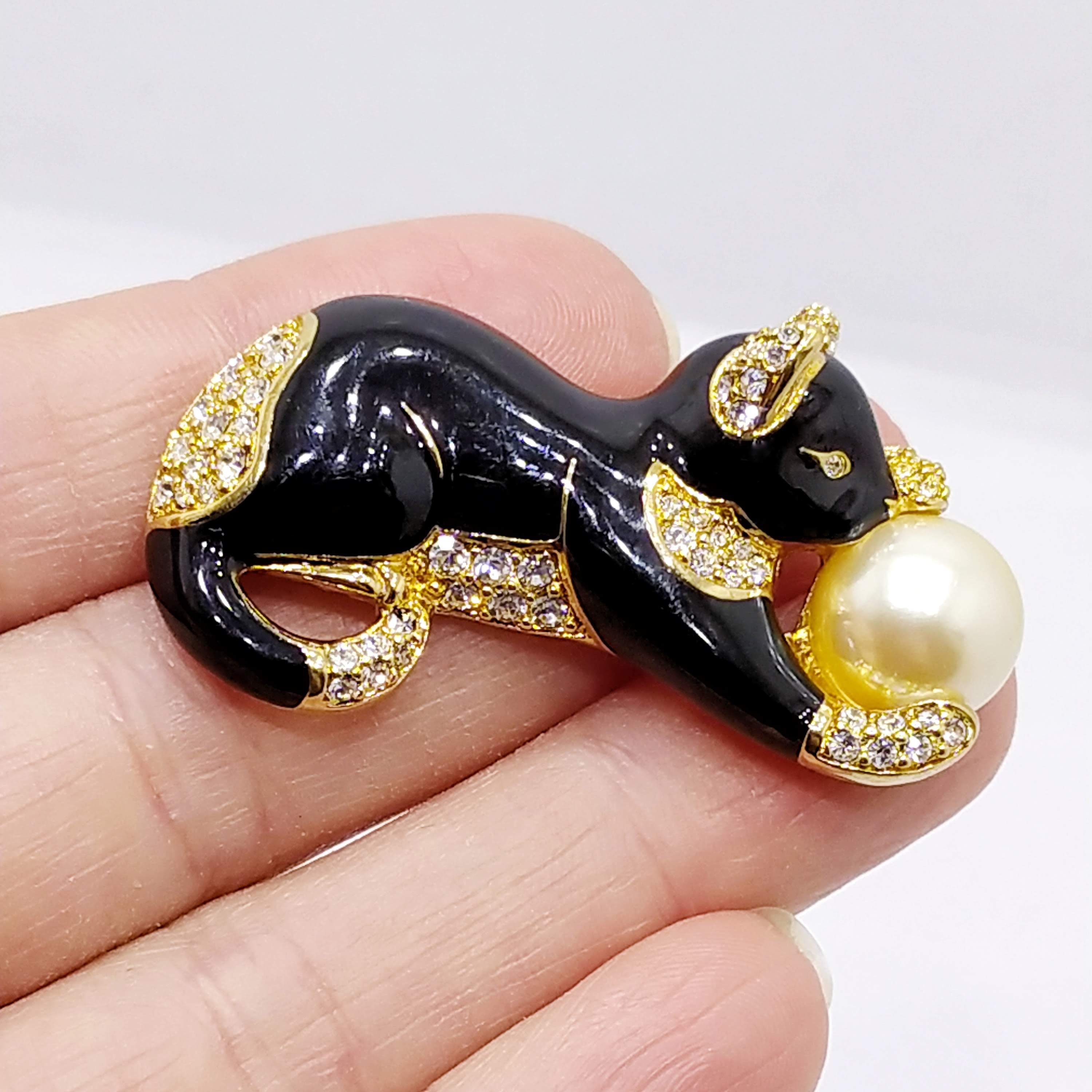 Swarovski Black Enamel Kitty Brooch With Pearl Accent Vintage Black Cat