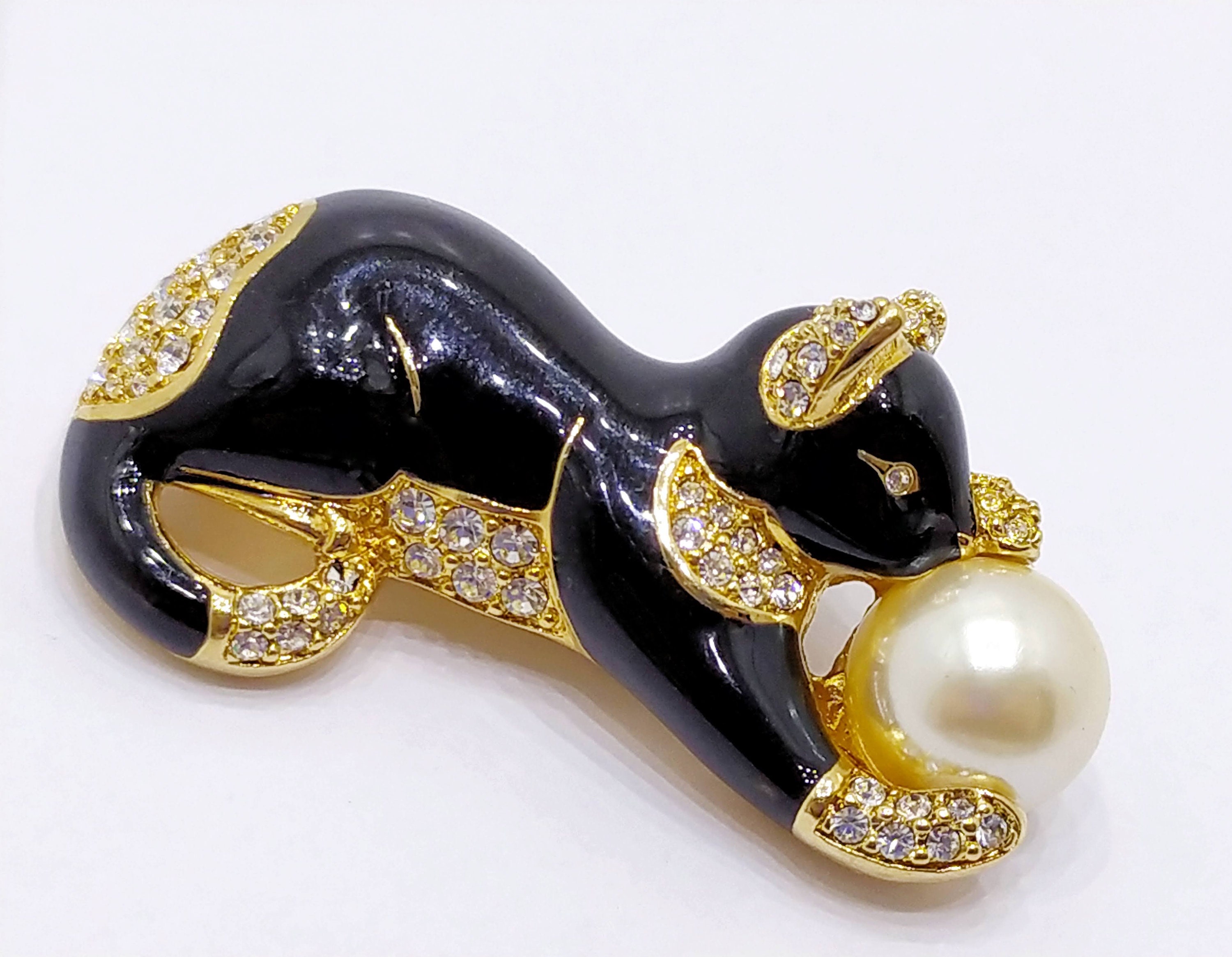 Swarovski Black Enamel Kitty Brooch With Pearl Accent Vintage Black Cat