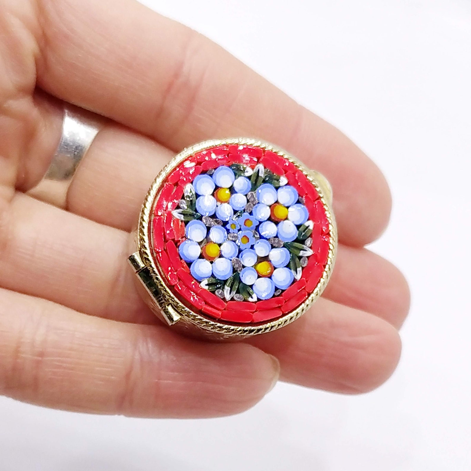 Micro Mosaic Pill Box Vintage Red Flower Trinket Box Italian Gold Tone ...