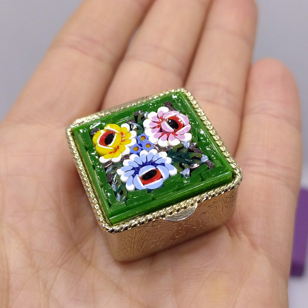 Micro Mosaic Pill Box Vintage Green Flower Trinket Box Italian Gold ...