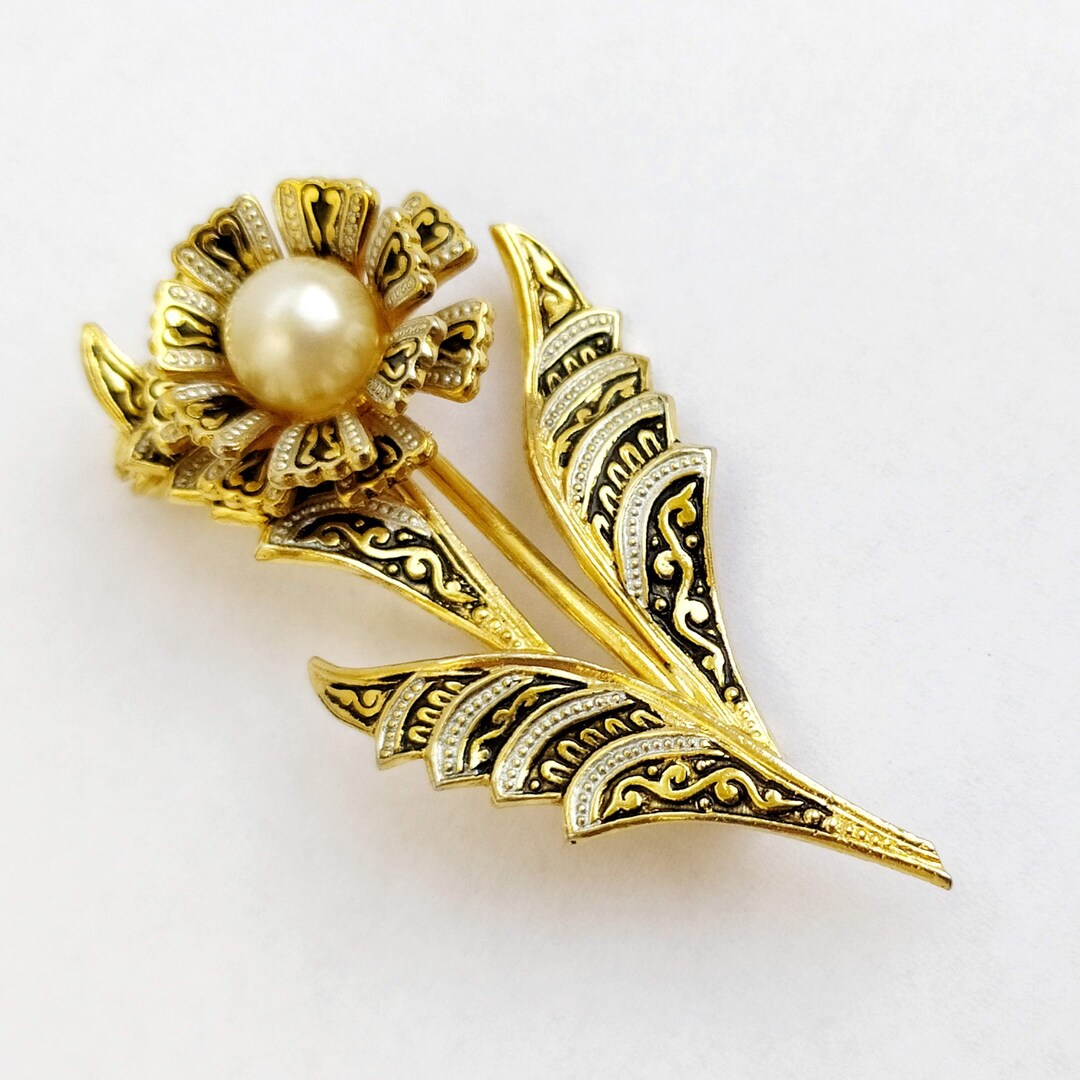 Vintage Damascene Flower Brooch With Faux Pearl Large Black and Gold ...