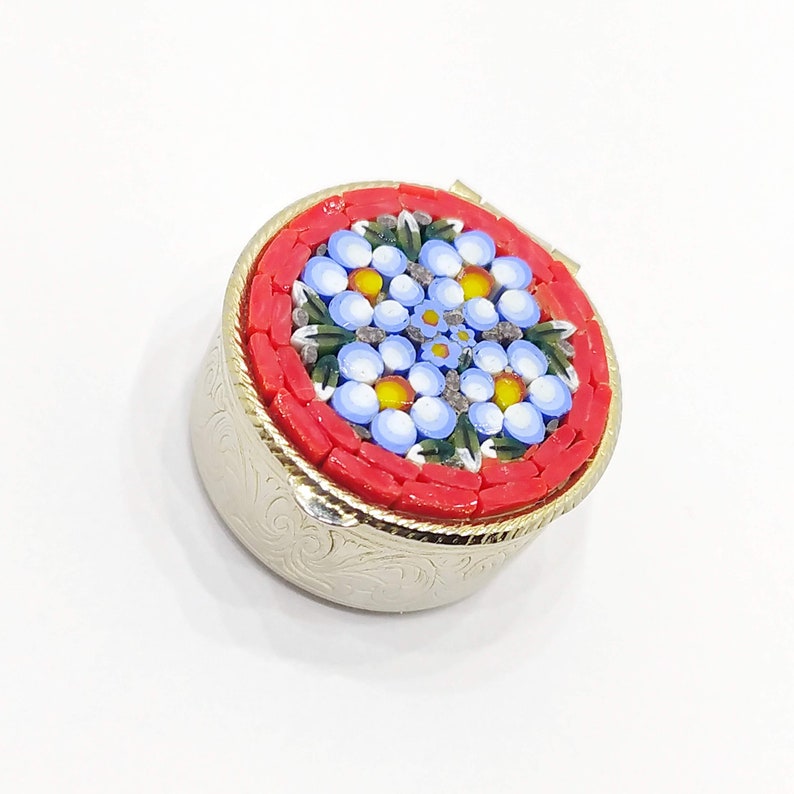 Micro Mosaic Pill Box Vintage Red Flower Trinket Box Italian Gold Tone ...