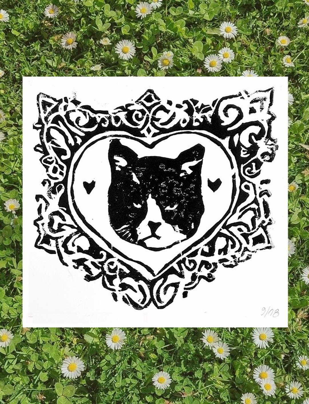 Romantic Goofy Cat Linocut - Etsy