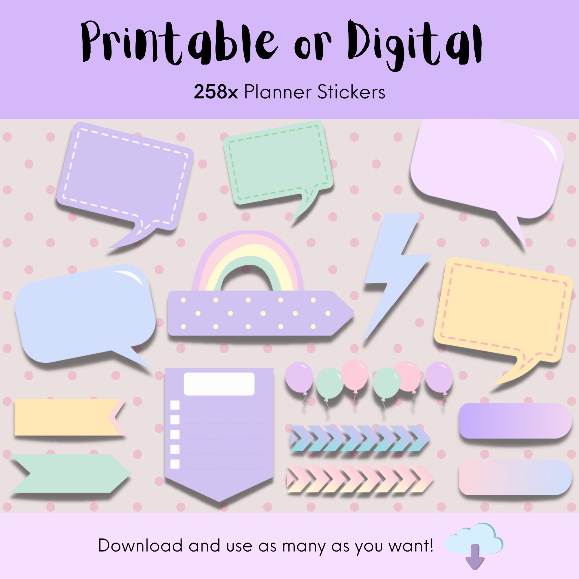 258 Cute Printable Stickers Printable PDF Planner Stickers Pastel Bujo ...