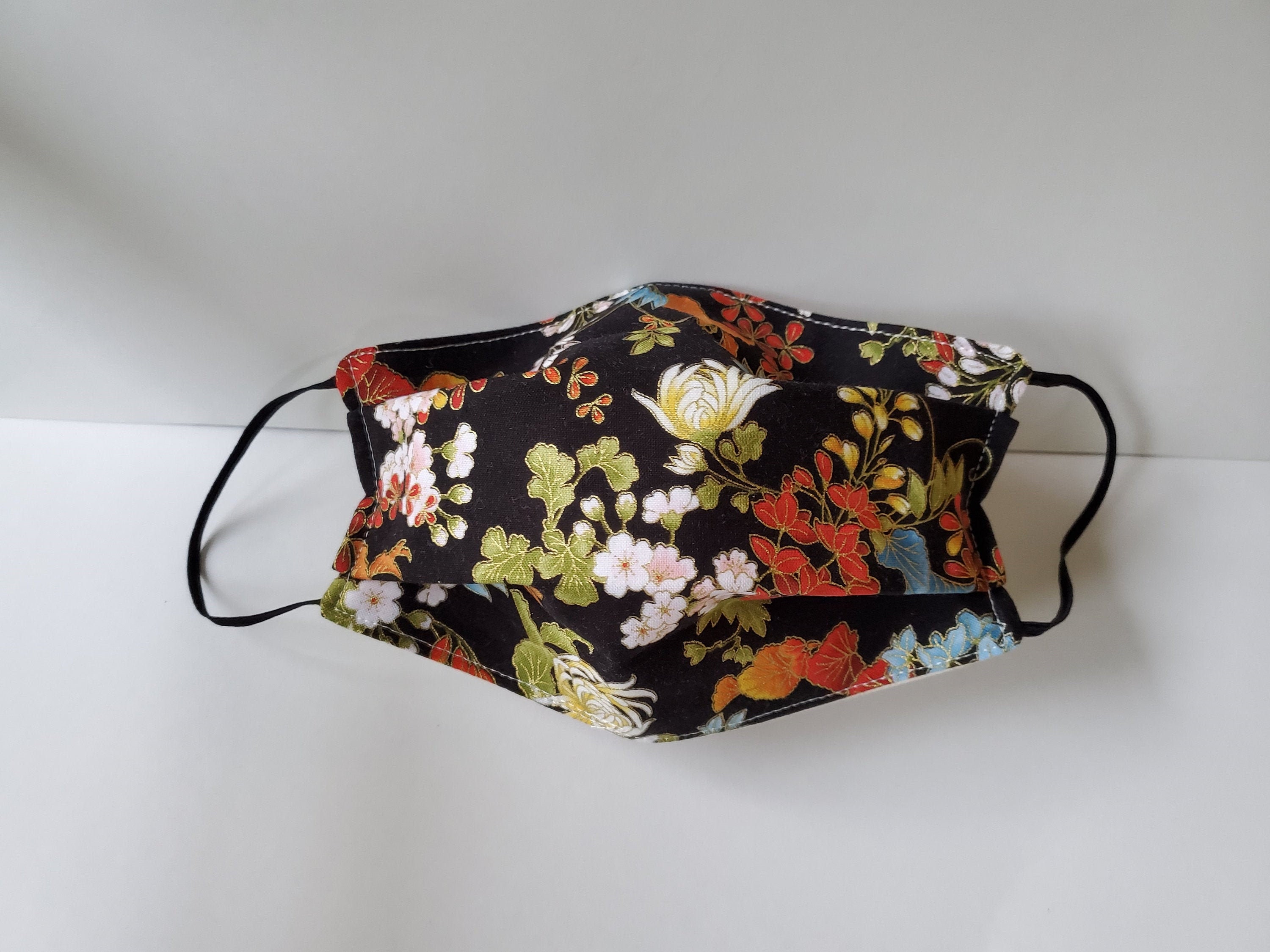 Black Floral Face Mask 100% Cotton. Reusable and Washable. Black With ...