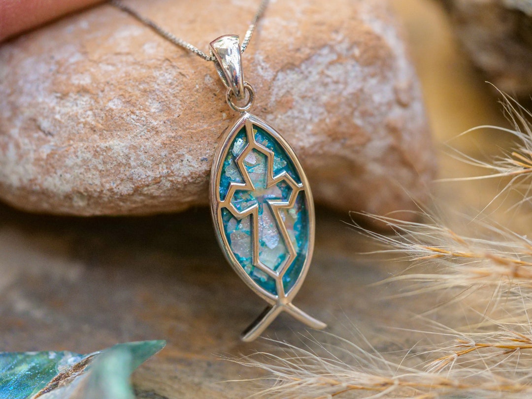 Roman Glass Cross Necklace - Fish Design Cross Pendant With Original ...