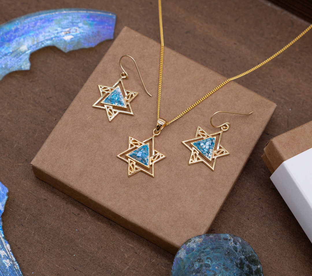 Gold Roman Glass Star of David Set, Ancient Roman Glass 18K Gold Plated ...