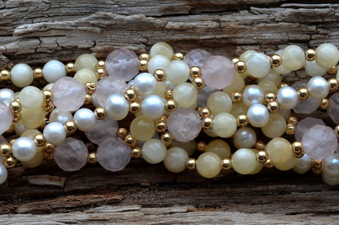 8mm Rose Quartz, 6mm Calcite, Pearl and Gold-filled Tantric Necklace - Etsy