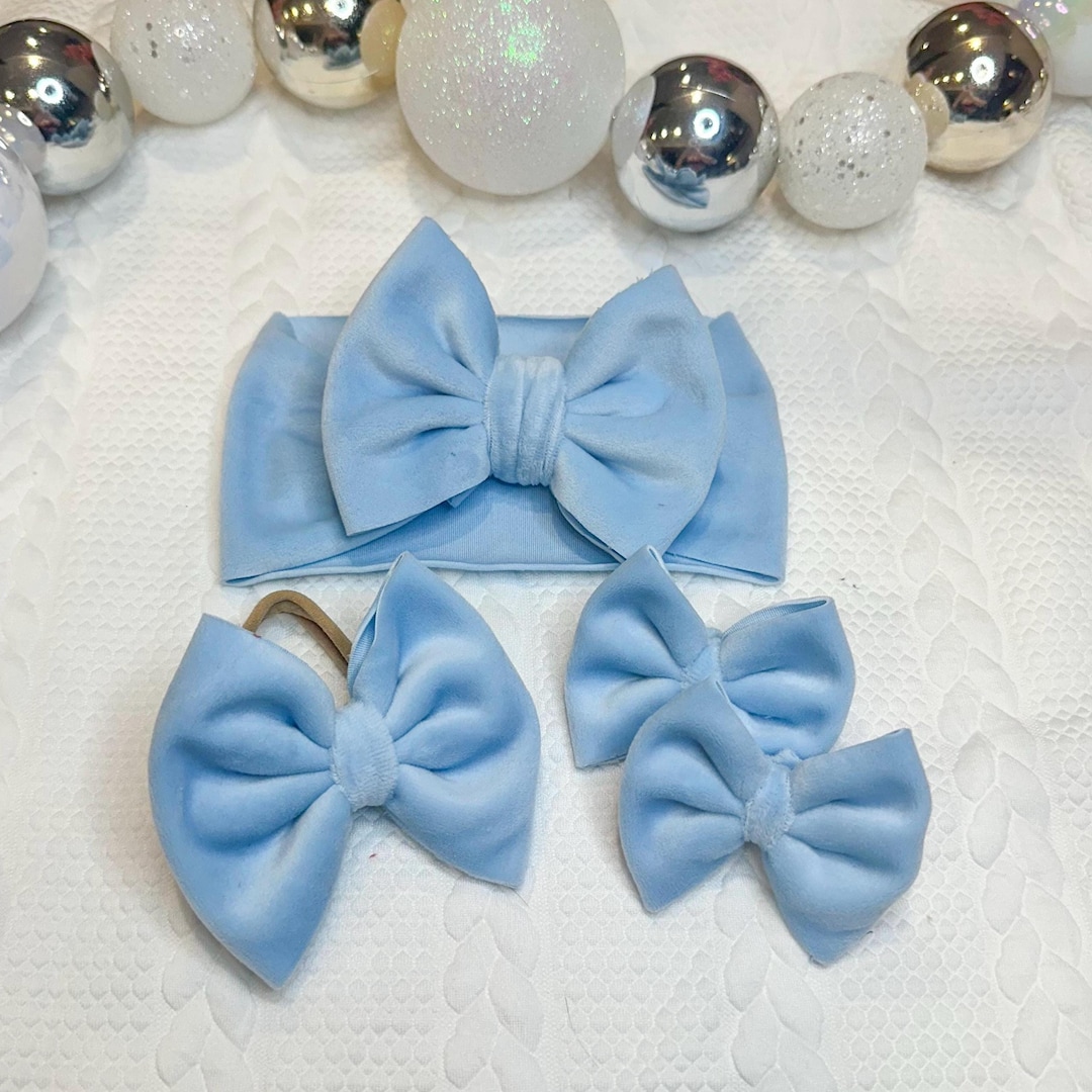 BABY BLUE VELVET Christmas Hair Bows. Headwraps, Bow on Nylon, Clips ...
