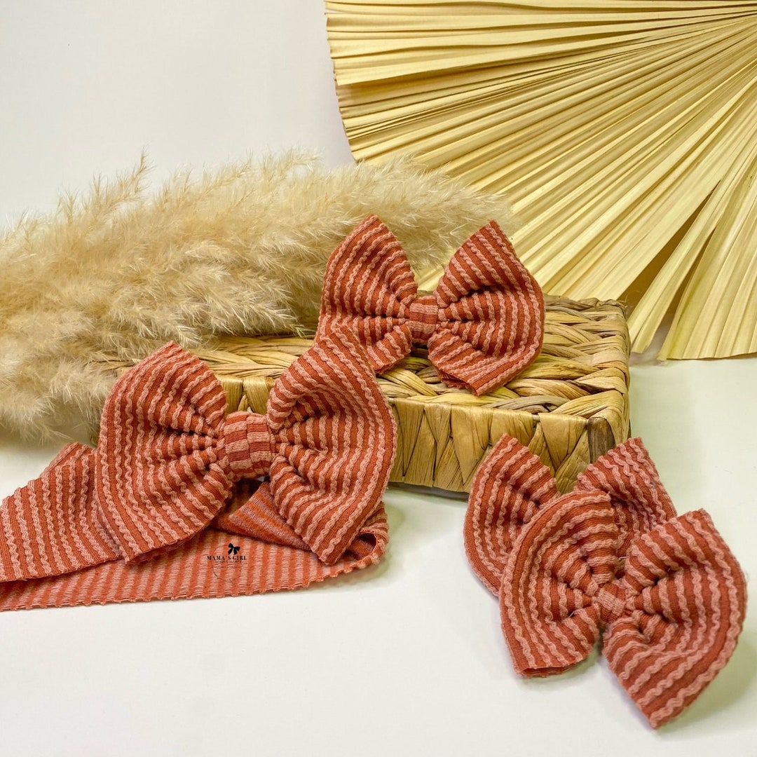 SOLID RIB WAVED Hair Bows. Cinnamon. Headwrap, Bow on Nylon, Clips ...