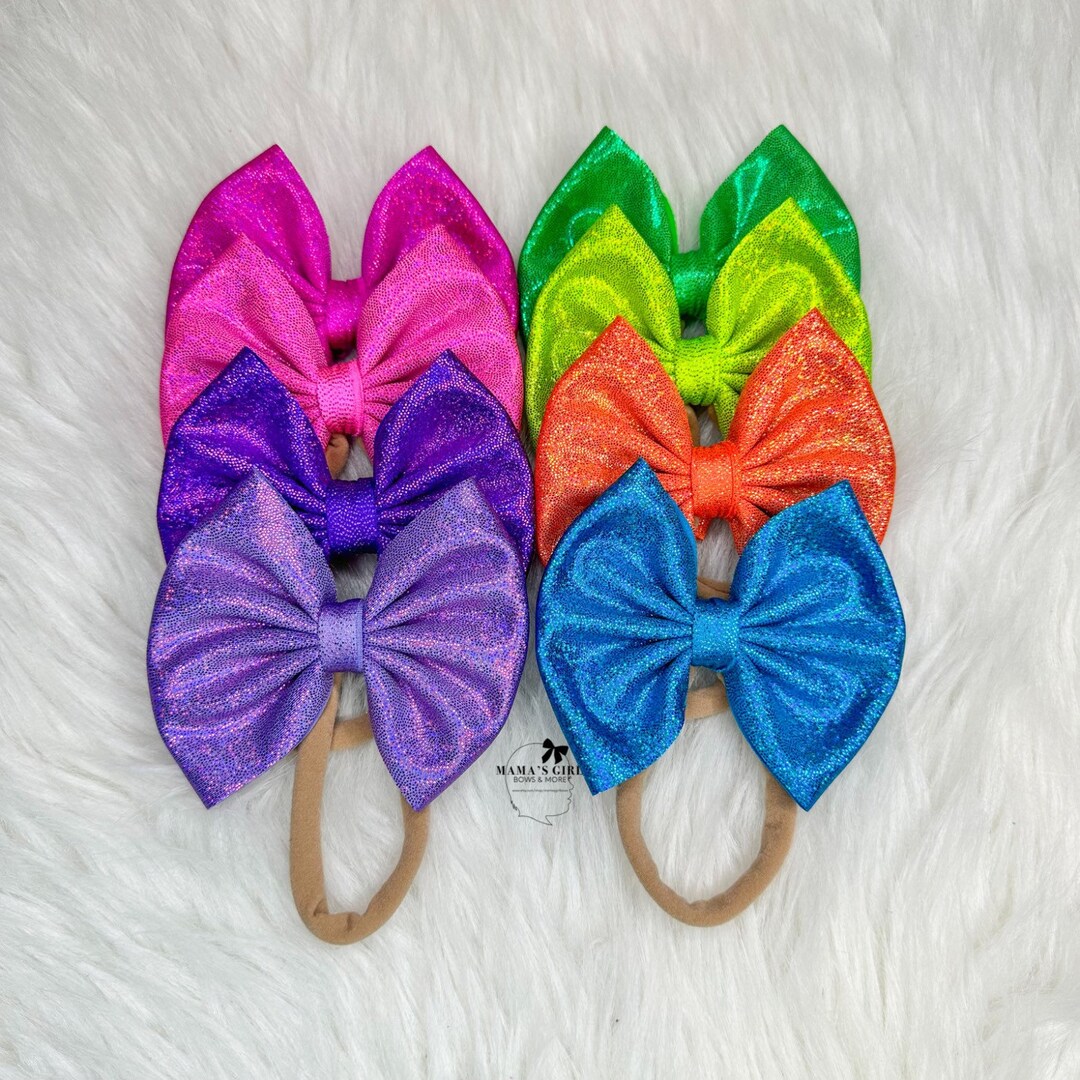 SOLID NEON HOLOGRAPHIC Glitter Hair Bows. Piggies, Clips, Bow on Nylon ...
