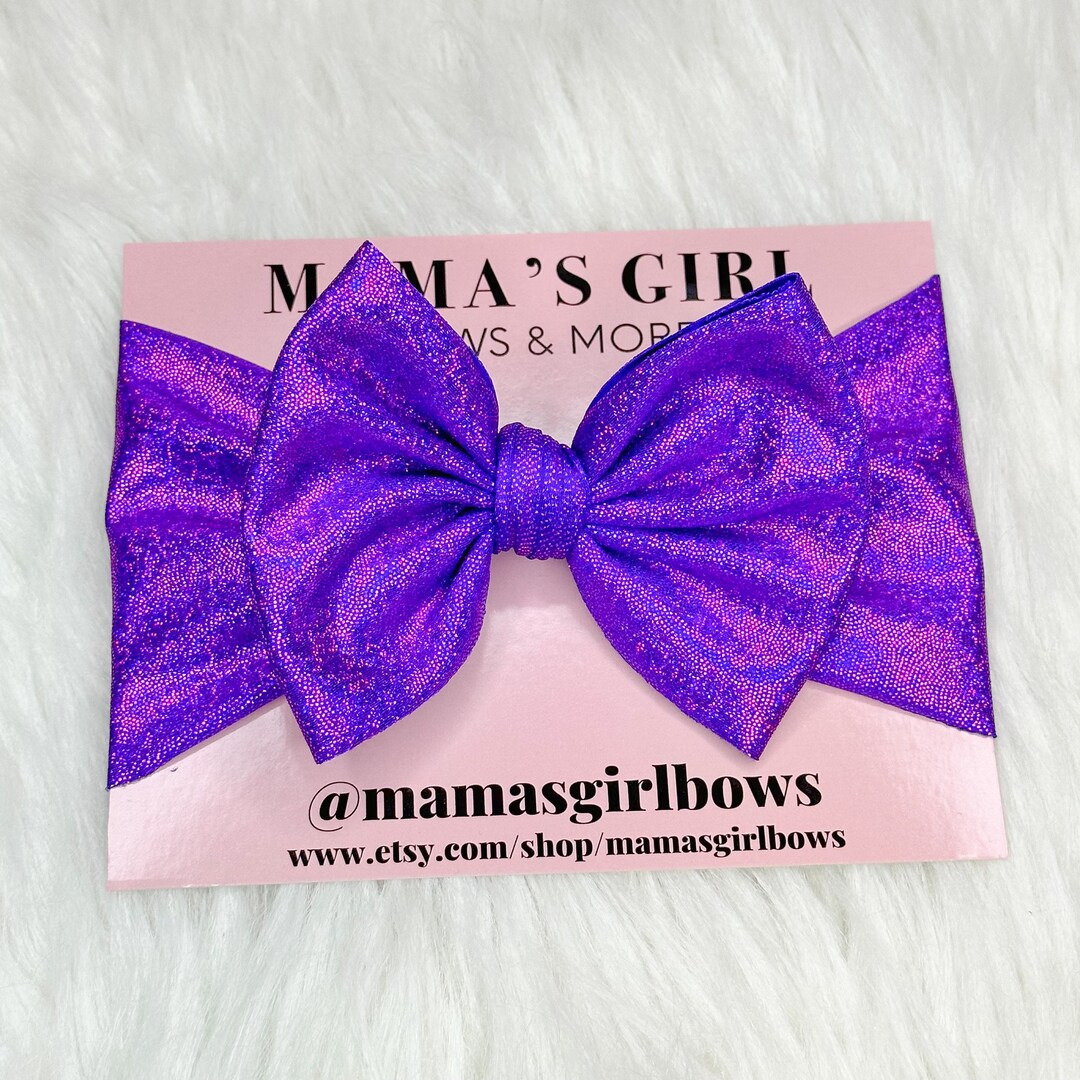 Solid Neon HOLOGRAPHIC Hair Bows. DARK PURPLE. Headwrap, Bow on Nylon ...