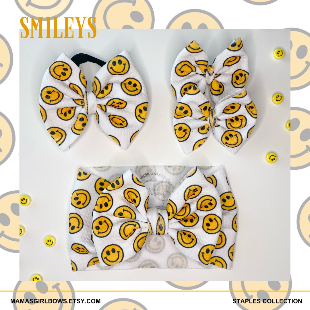 SMILEYS. Baby Girl Hair Bows. Headwraps, Bow on Nylon, Clips, Piggies ...
