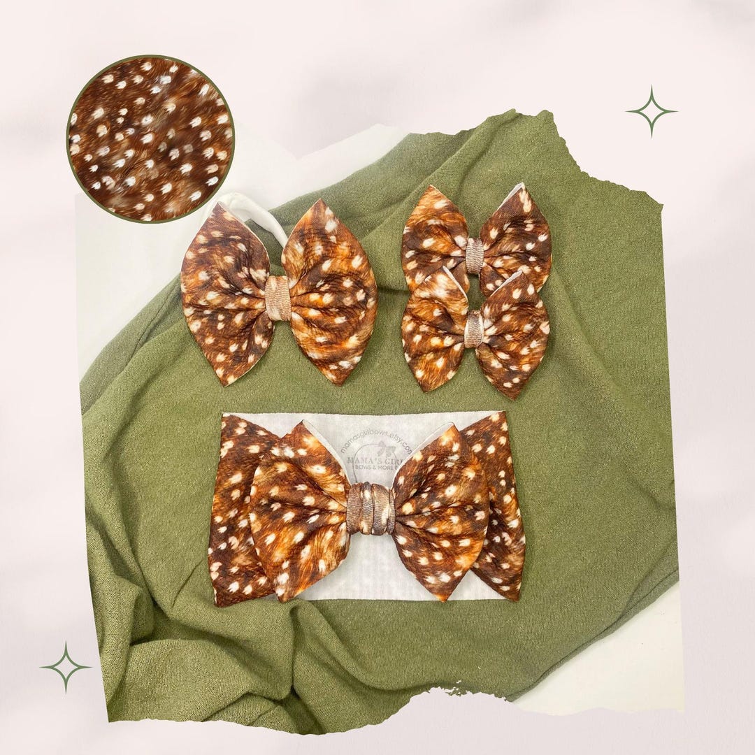 DEER FAWN. Animal Hair Bows. Headwraps, Bow on Nylon, Clips, Piggies ...