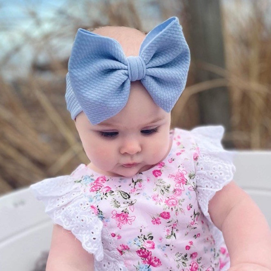 LIGHT BLUE Solid Color Baby Girl Bows. Classic & Shredded. Stretchy ...