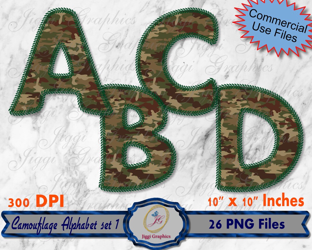 Camouflage Alphabet Png, Leafy Alphabet Clipart Set, Camo Doodle ...