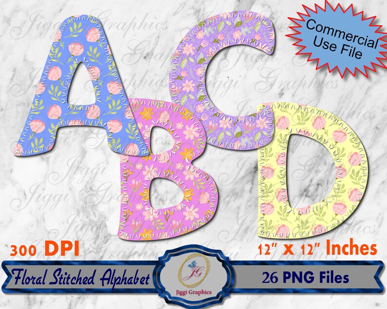 Floral Alphabet Png, Faux Applique Alphabet Clipart, Stitched Floral ...