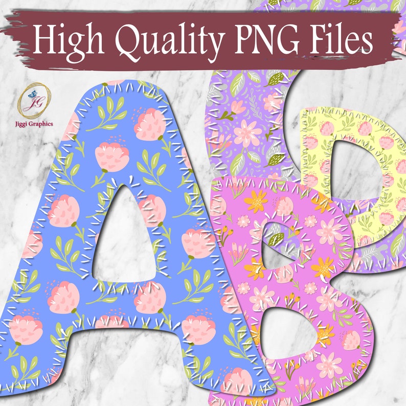 Floral Alphabet Png, Faux Applique Alphabet Clipart, Stitched Floral ...