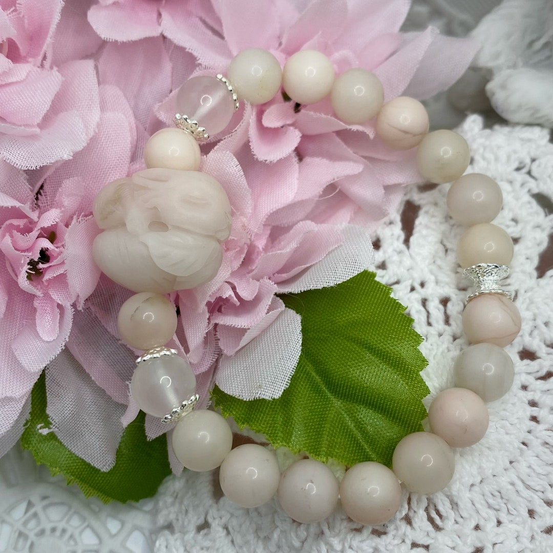 Handmade Natural Pink Agate Rabbit Bracelet S925 Sterling Silver Hand ...
