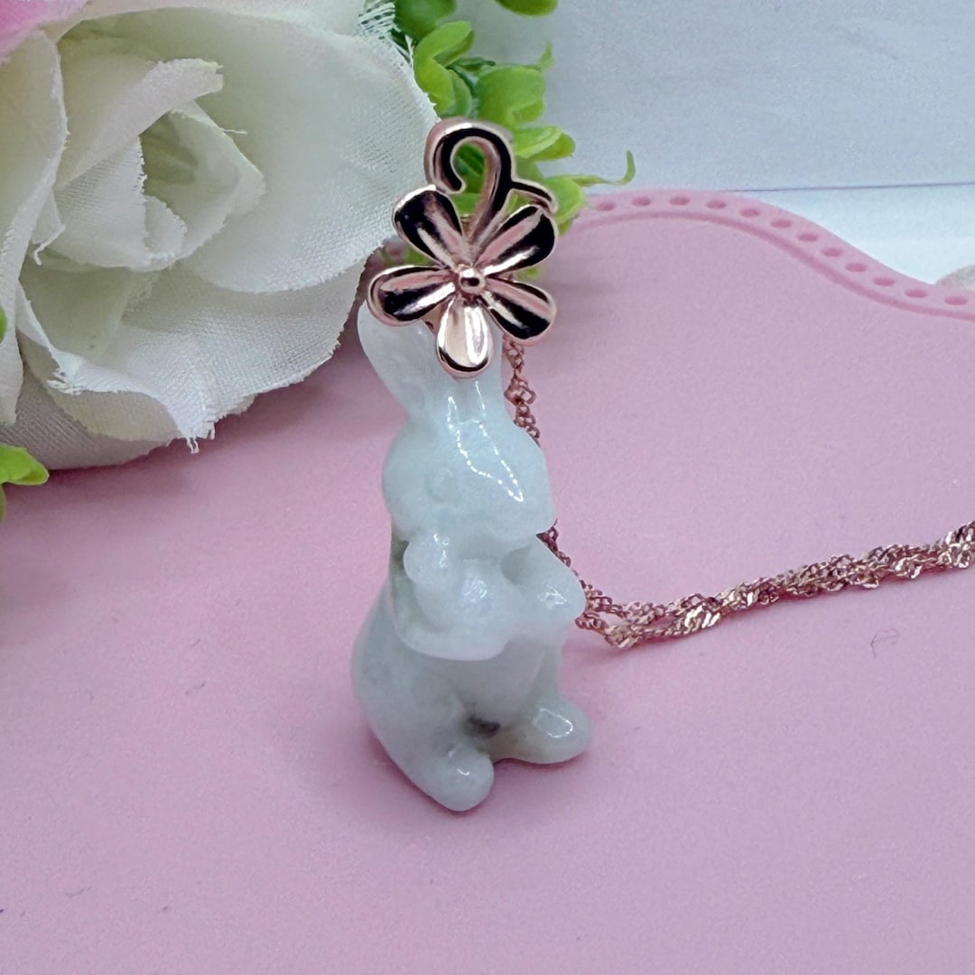 Natural Type A Jade Bunny Necklace S925 Rose Gold Green Jadeite Rabbit ...