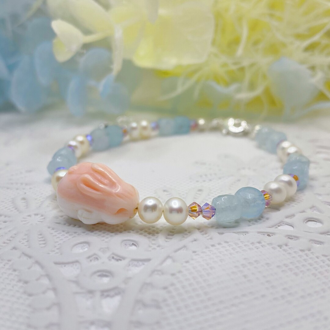 Queen Conch Shell Rabbits Bunny Aquamarine Pearl Bracelet DIY Handmade ...