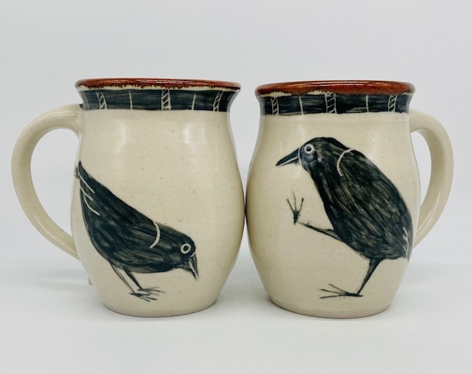 Crow Mug, Raven Mug, 16 Oz. Belly Mug, Black Strutting Crows, Coffee ...