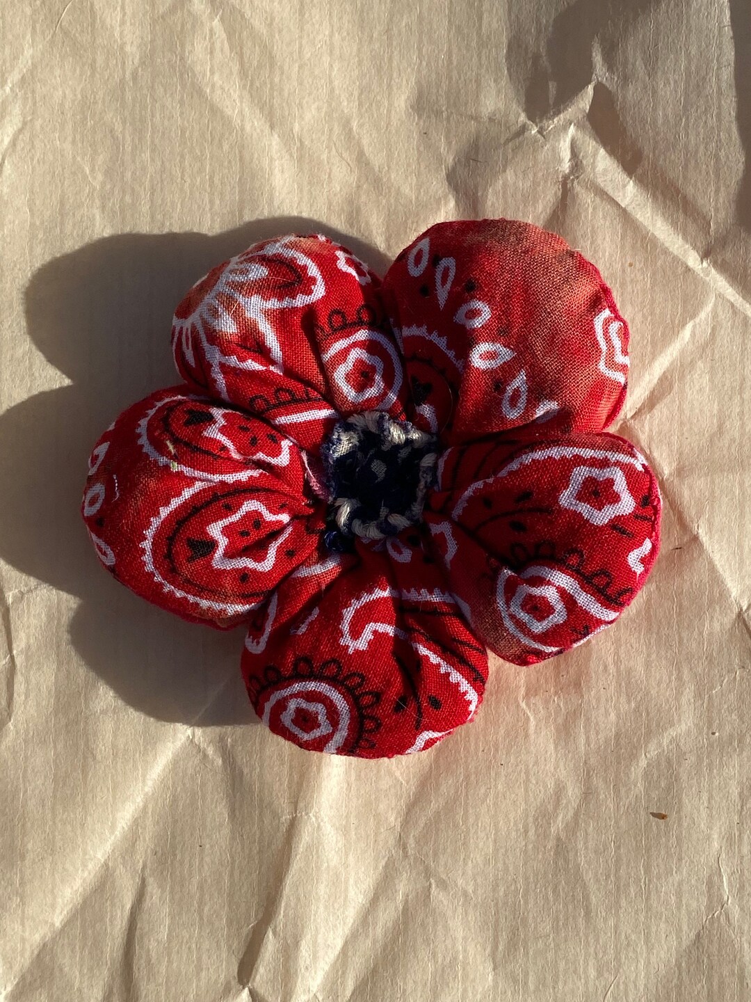 Handmade Red Bandana Flower With Navy Bandana Center - Etsy