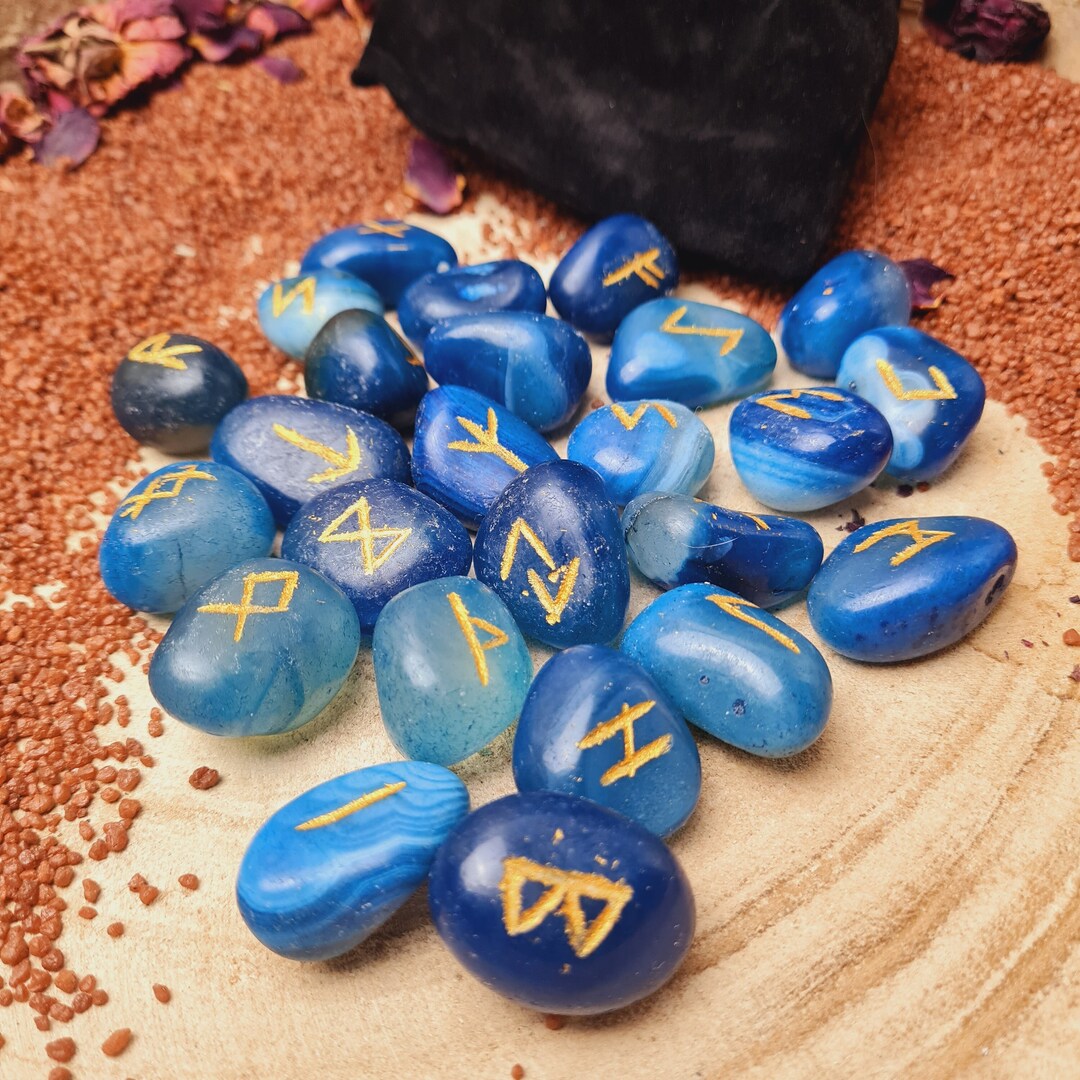 Blue Onyx Runestone Elder Futhark With Velvet Pouch - Etsy