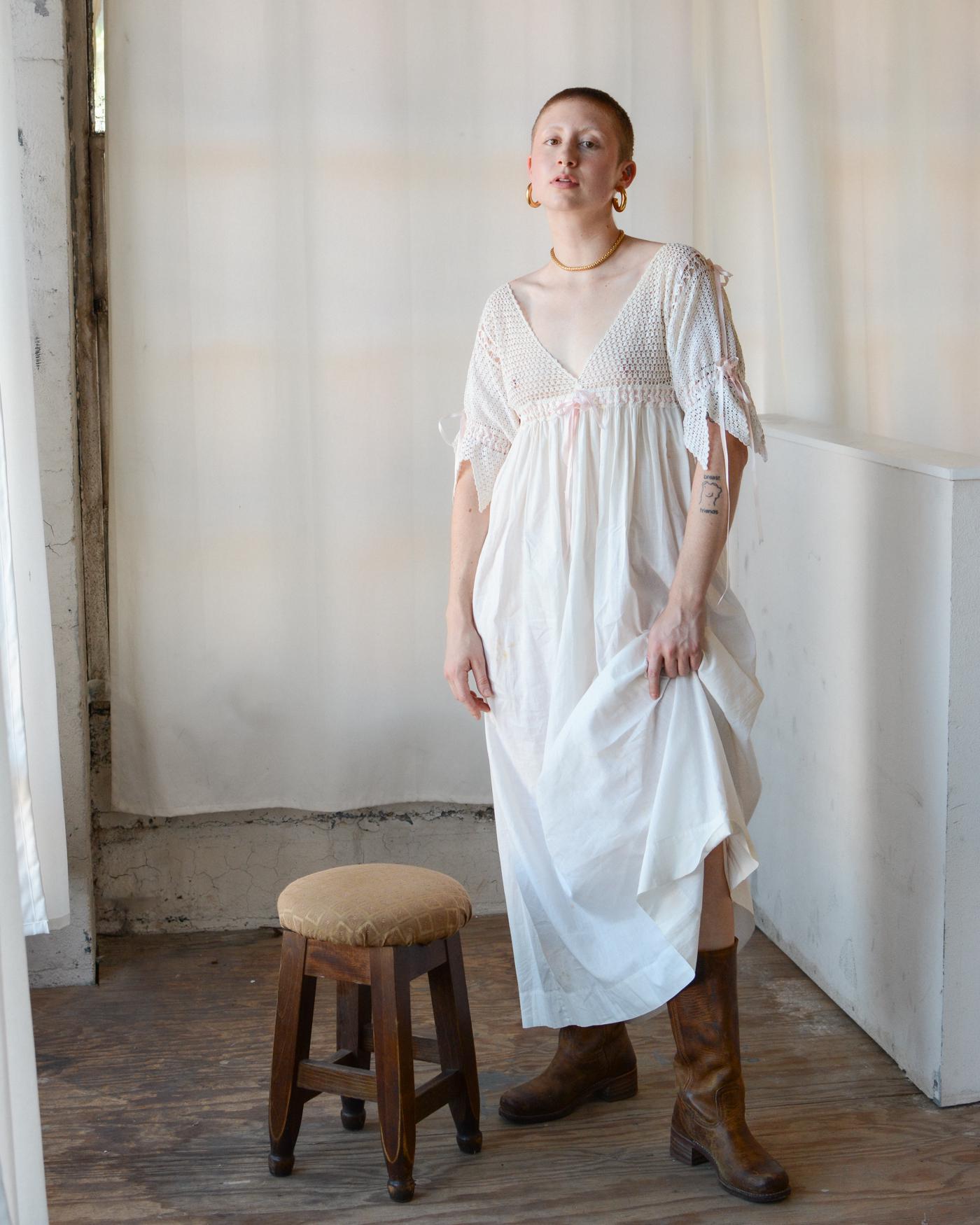 Vintage Antique Edwardian Cottagecore Crochet Cotton Night Dress // XS ...