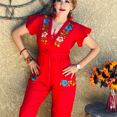 Mexican Ruffle Top Mexican Jumpsuit. Floral Hand Embroidered - Etsy