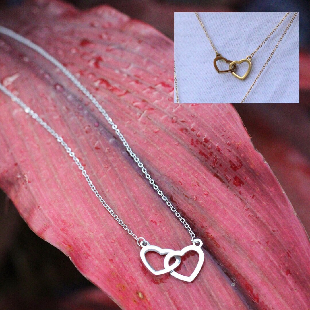 Two Hearts Interlocked Necklace - Stainless Steel in Gold & Silver | 16 ...